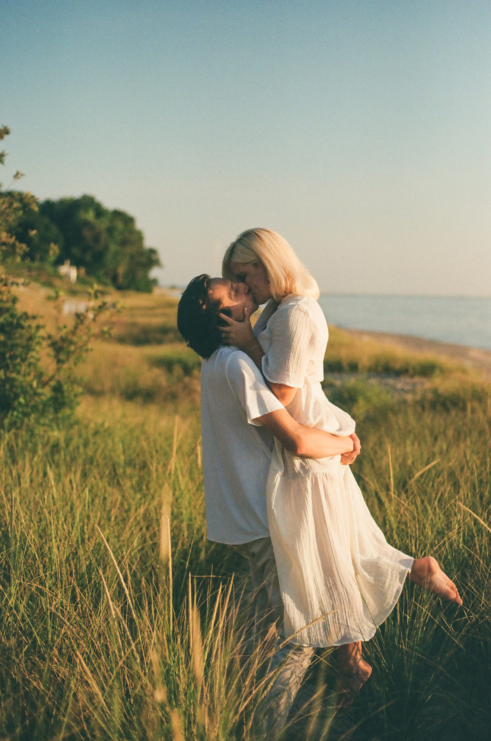 Beach Film Engagement Photos in Michigan, Film Photographer